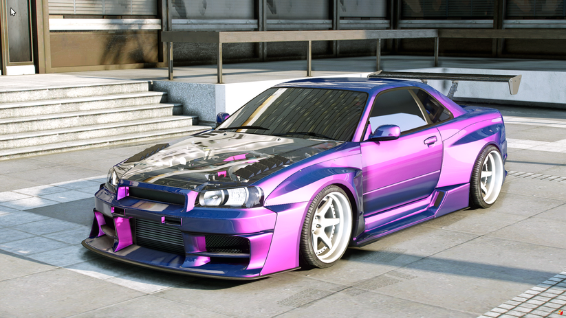 (Debadged) Nissan Skyline R34 Widebody With Glass Hood + Props – The Garage